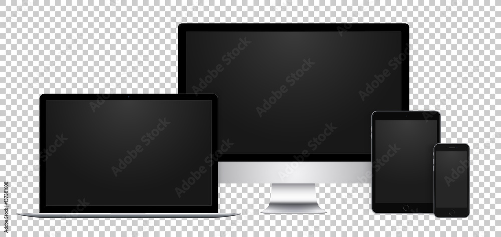 Realistic set of black display, laptop, tablet and phone with empty ...