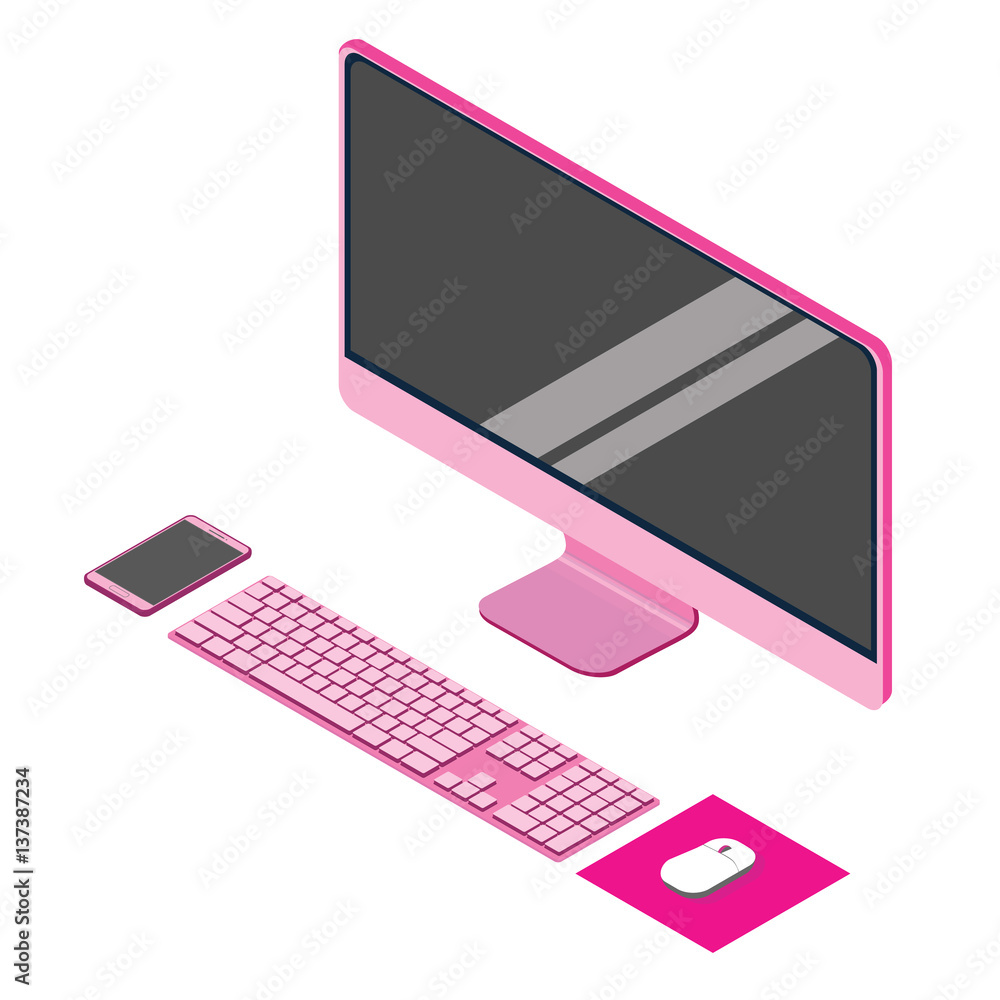 Pink modern flat computer desktop isometric vector illustration for ...