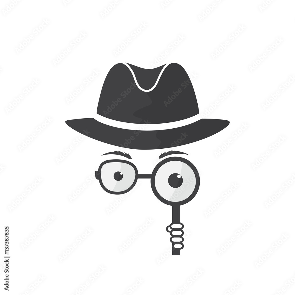 Unknown man in hat, glasses and a magnifying glass in hand. Inspector ...