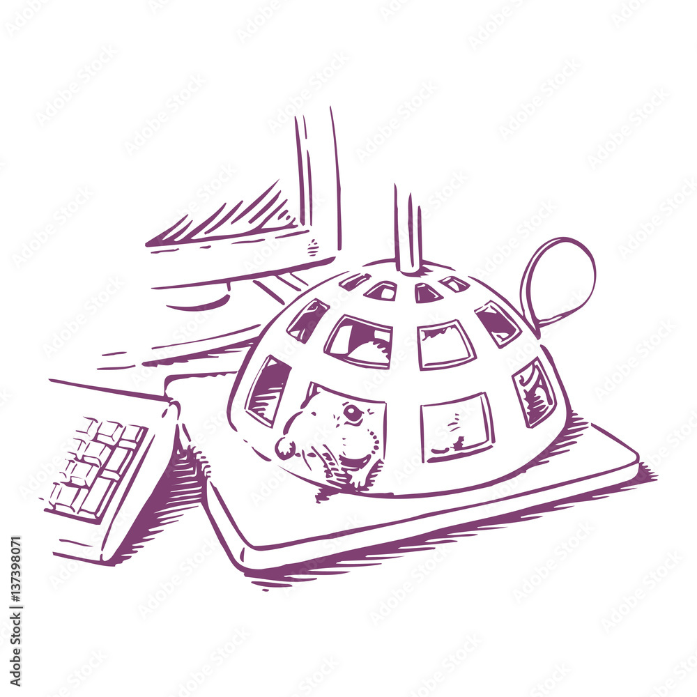 Line drawing of a real mouse in a mousetrap/cage on a mousepad by a ...