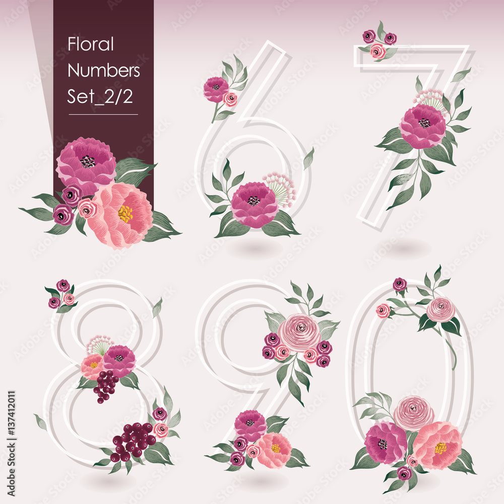 Vector illustration of floral numbers collection. A set of beautiful ...