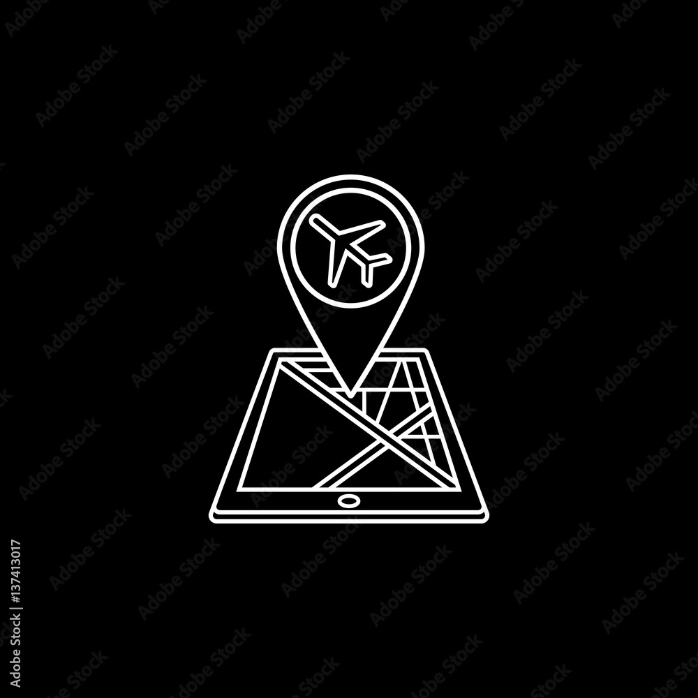 Airport map pointer line icon, mobile gps navigation and location, pin on tablet vector graphics ...