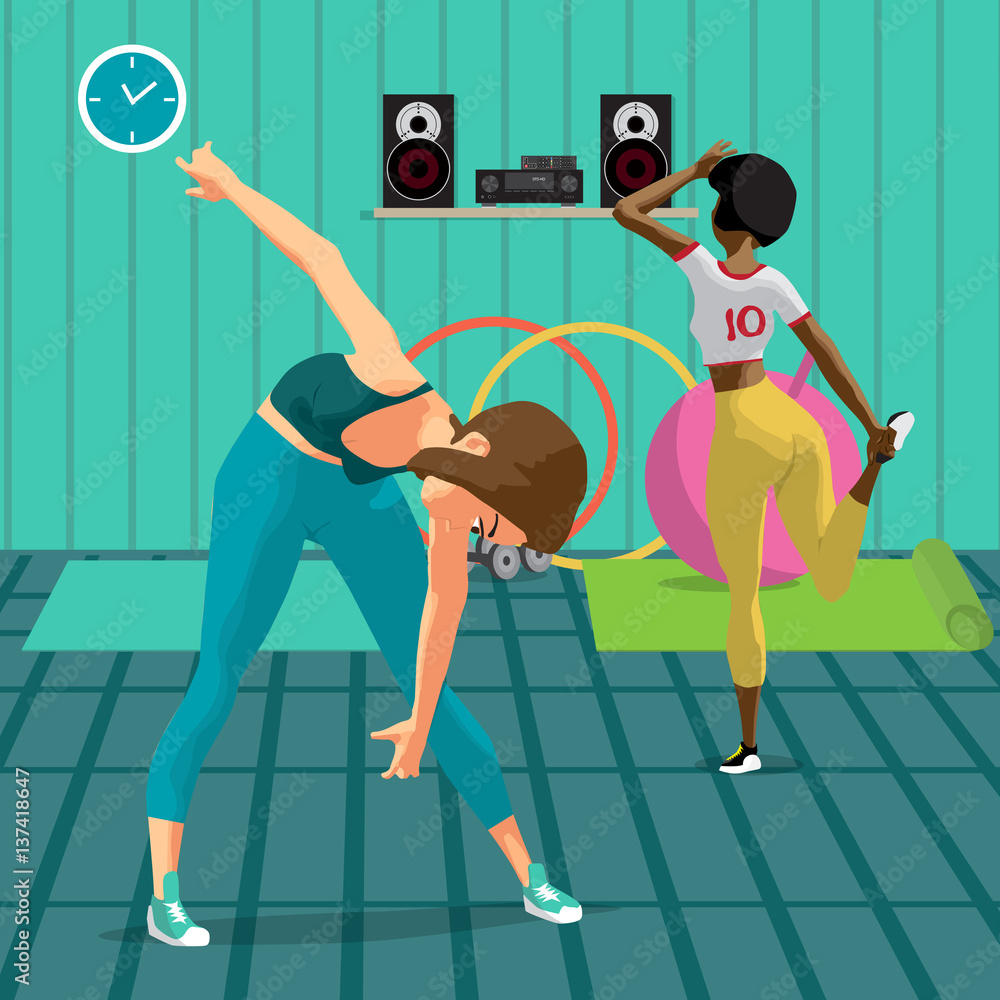 Women doing gymnastic exercises. Girls in sportswear doing stretching ...