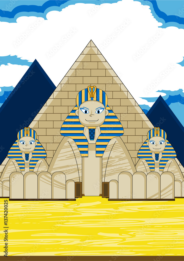 Cute Cartoon Egyptian Sphinx and Pyramids Stock Vector | Adobe Stock