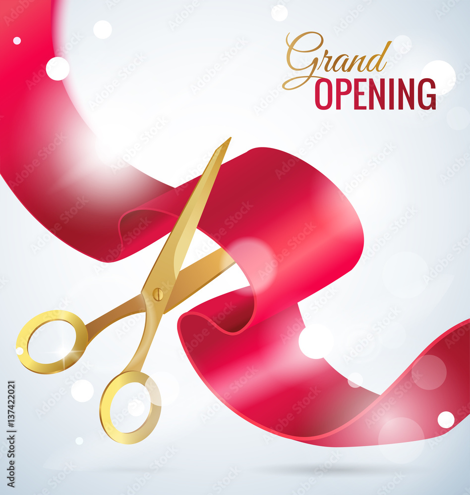 Grand opening concept. Scissors cut the ribbon. Grand opening card with ...