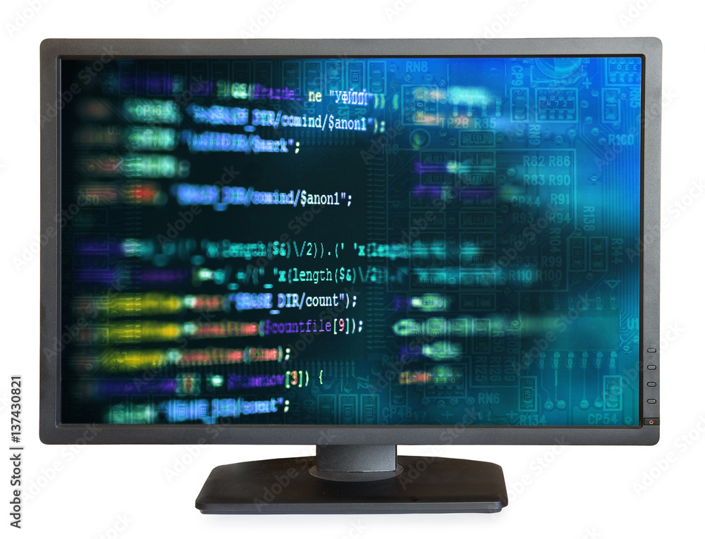 Computer monitor isolated on white background with software programming ...