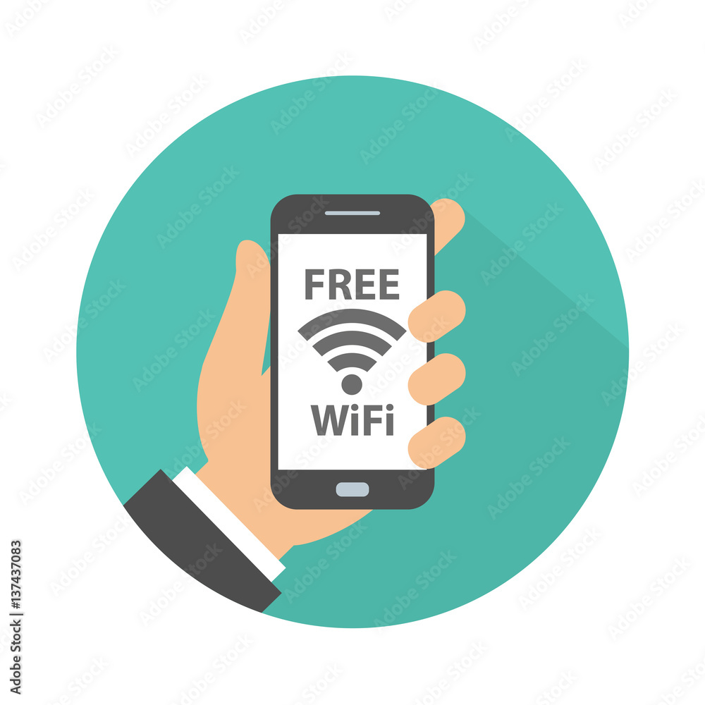 Free wifi sign concept. Hand holding mobile phone with free wifi text ...