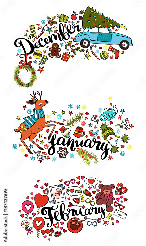 Winter months. December. January. February. Isolated vector object on ...