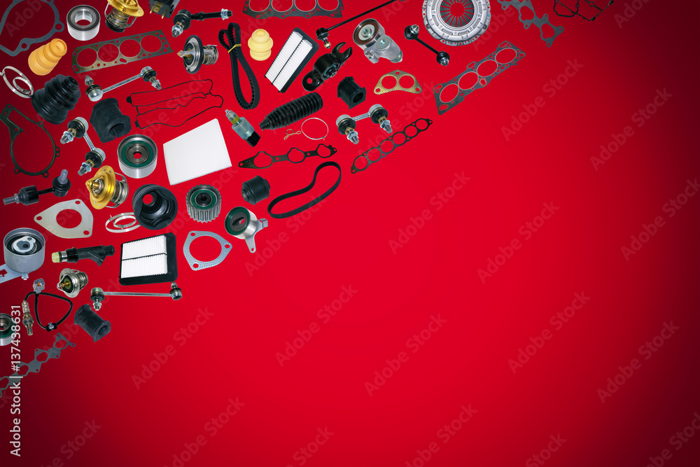 Spare auto parts car on the red background. Set with many isolated ...