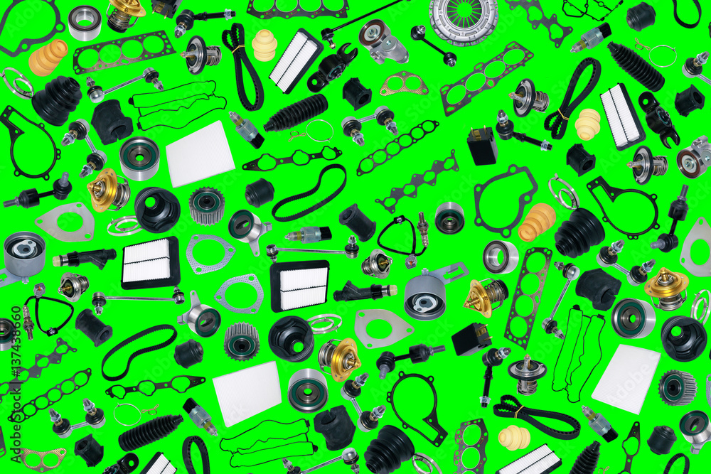 pare auto parts car on the green background. Set with many isolated ...