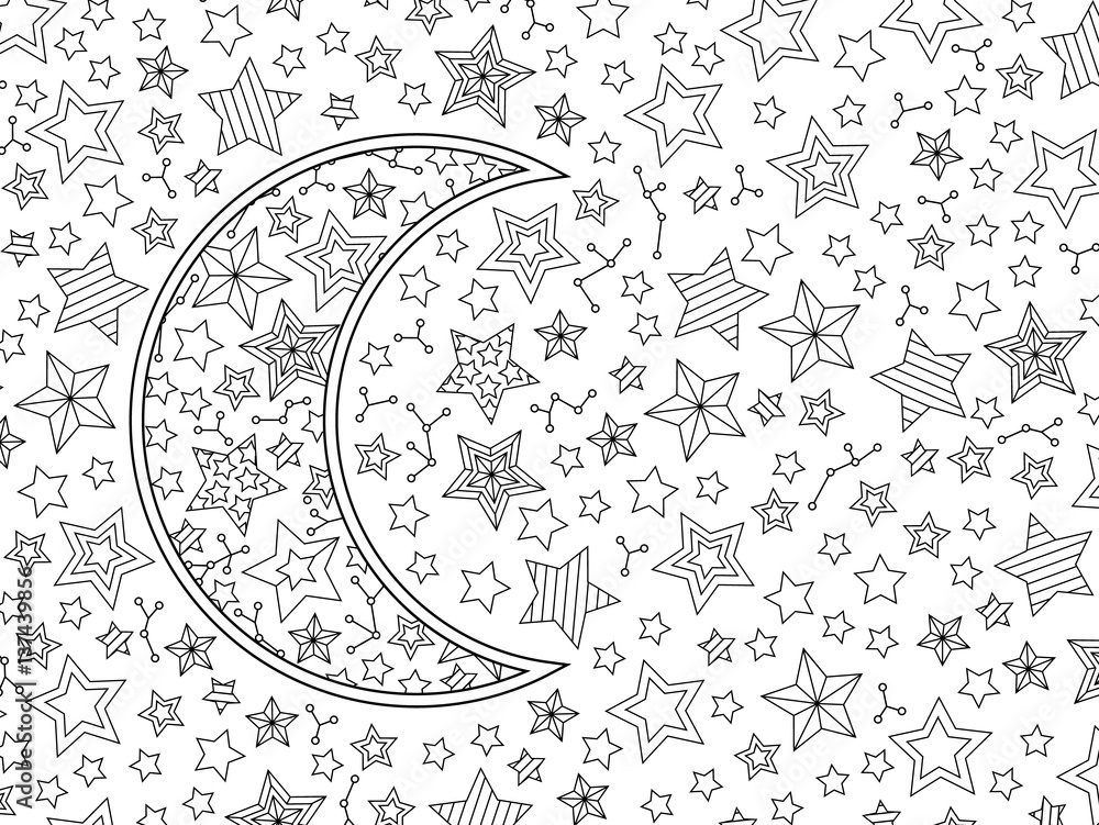 Contour image of moon crescent and stars in zentangle inspired doodle ...