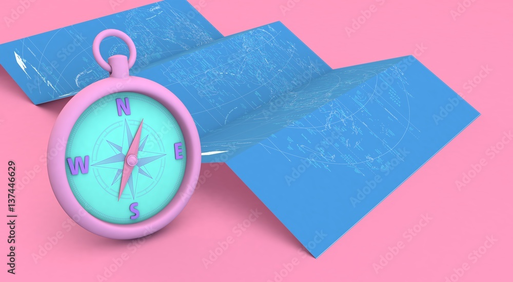 3d rendering blue maps and compass on pink Background Stock ...