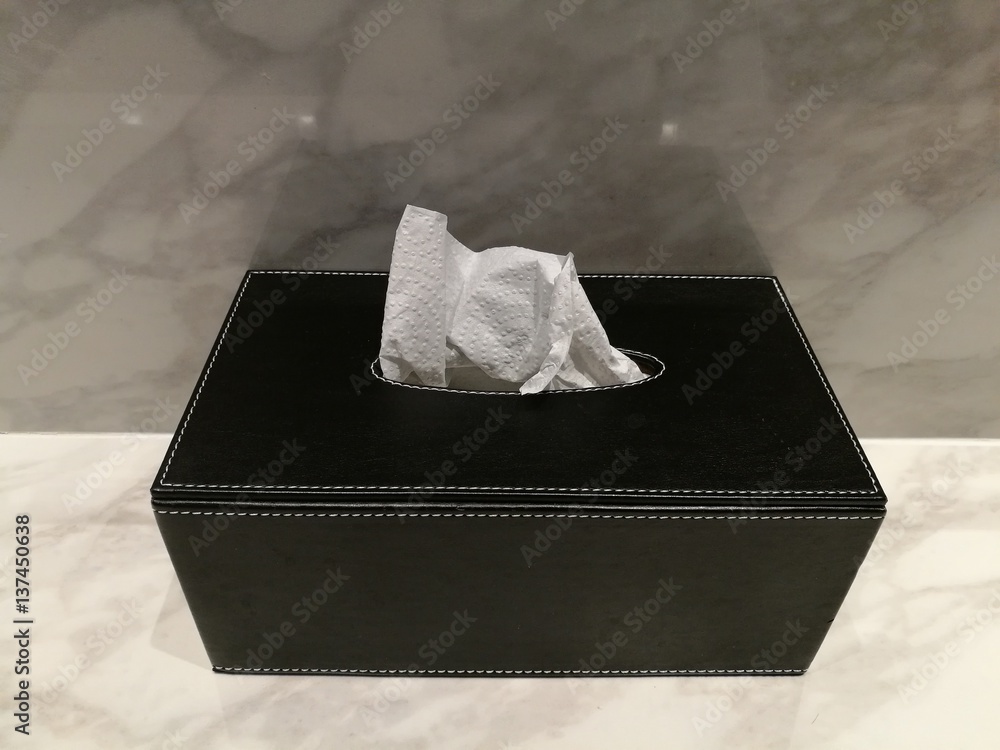 Leather tissue box on marble counter in toilet, bathroom with light ...