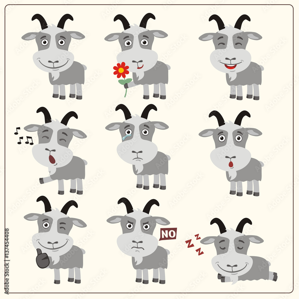 Funny little goat set in different poses. Collection isolated goat in ...