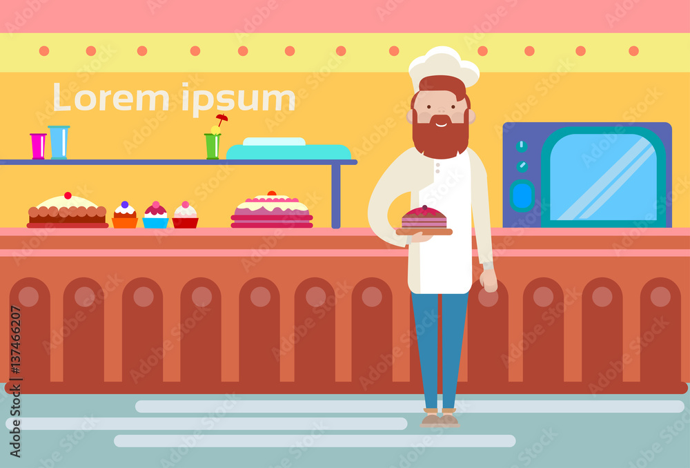 Chef Cook Baker In Bakery Shop Interior Banner Flat Vector Illustration ...