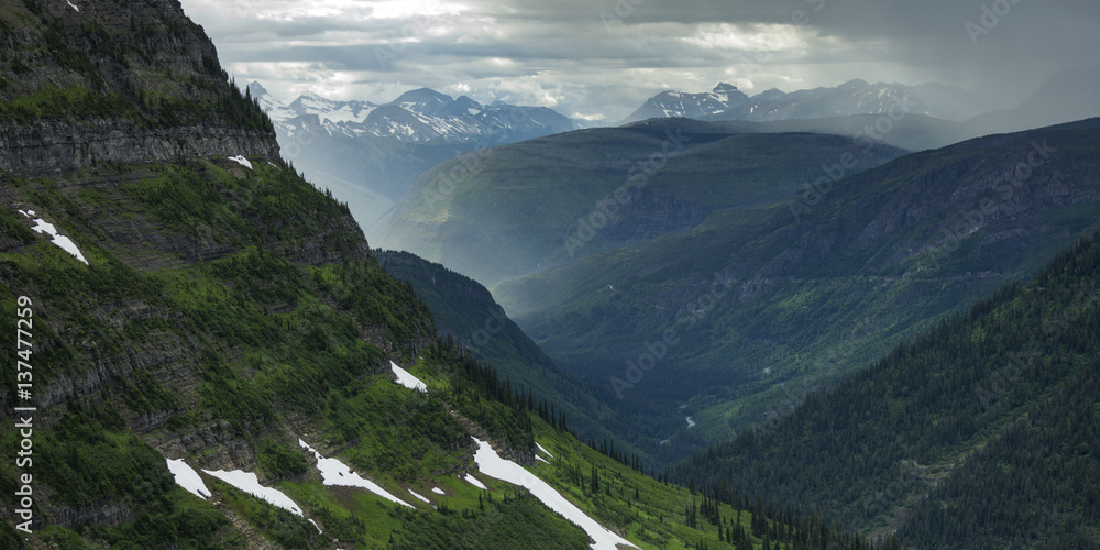 Extreme landscape of mountain range with steep slopes and traces of ...