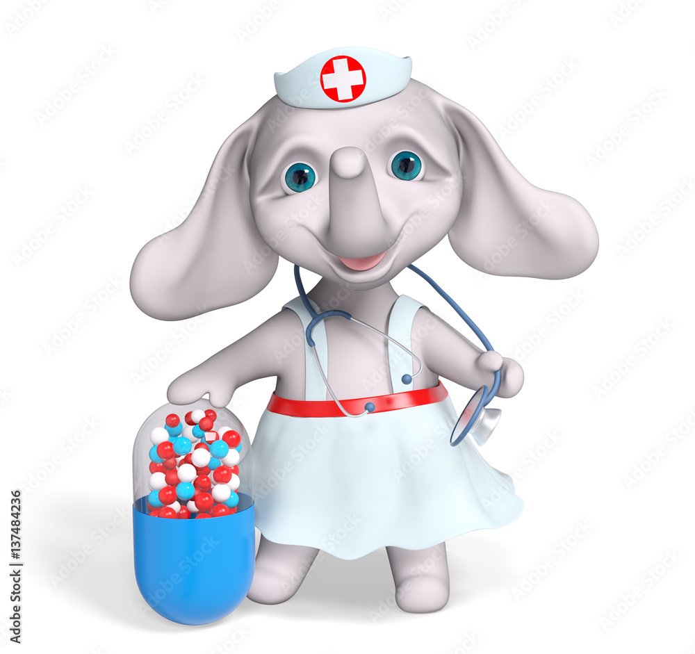 Character nurse elephant holding capsule and stethoscope, isolated 3d ...