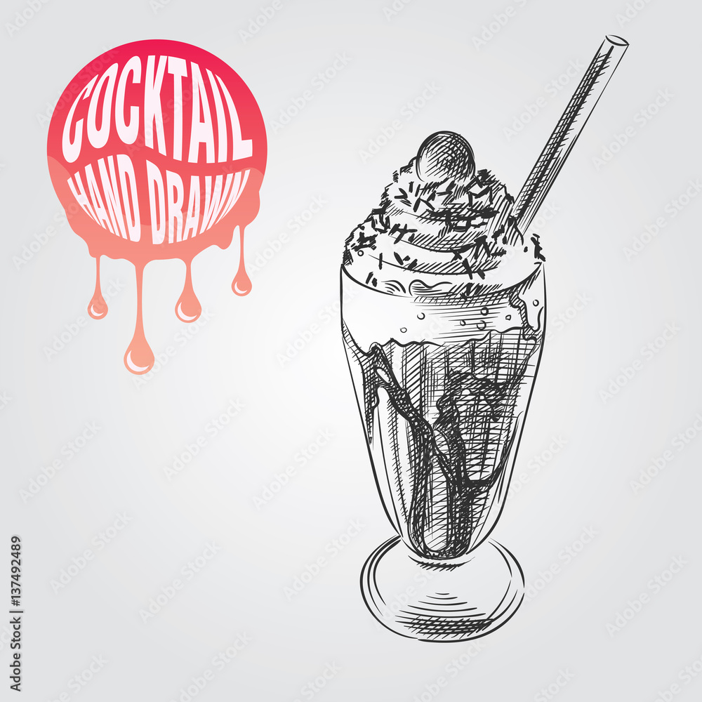Milkshake with cherries and cream in glass hand drawn sketch isolated ...