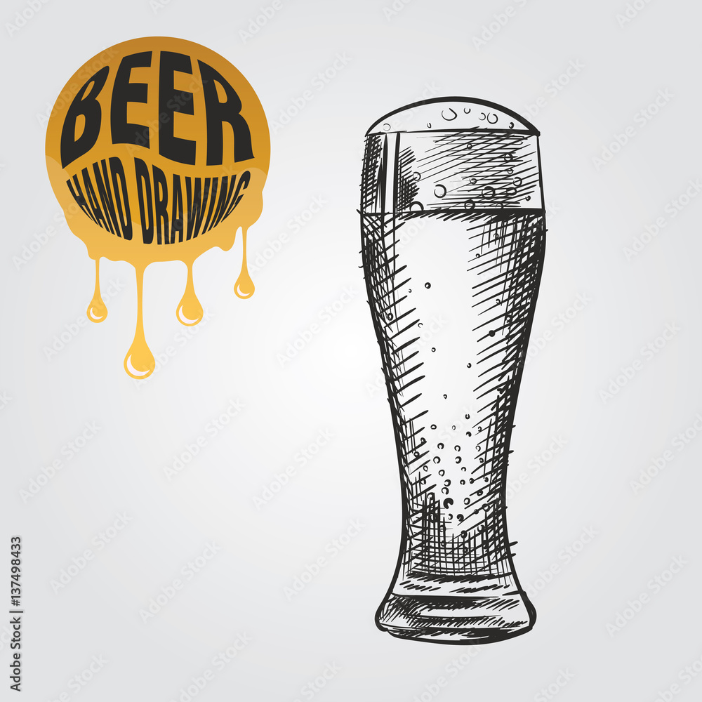 Beer in glass hand drawn sketch isolated on white background and yellow ...
