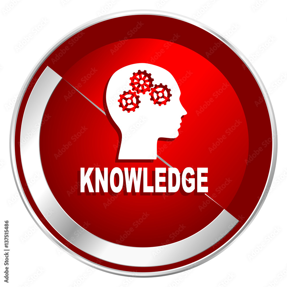 Knowledge red web icon. Metal shine silver chrome border round button ...