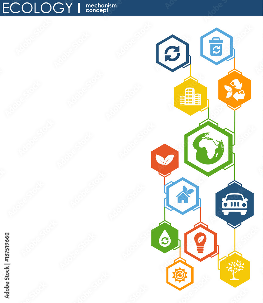 Ecology mechanism concept. Abstract background with connected gears and ...