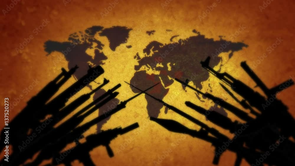 Map of the world with weapons. World on the brink of war. Hot spots of ...