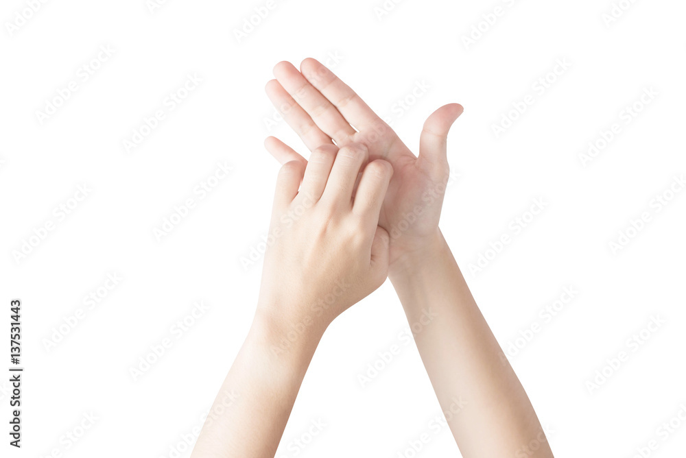 Scratching her hand in a woman isolated on white background. Clipping ...