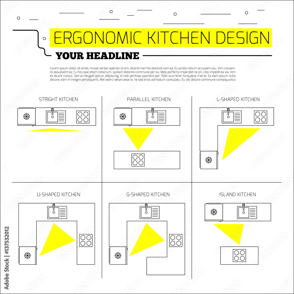 Infographics: ergonomics kitchen design. Vector illustration in line ...