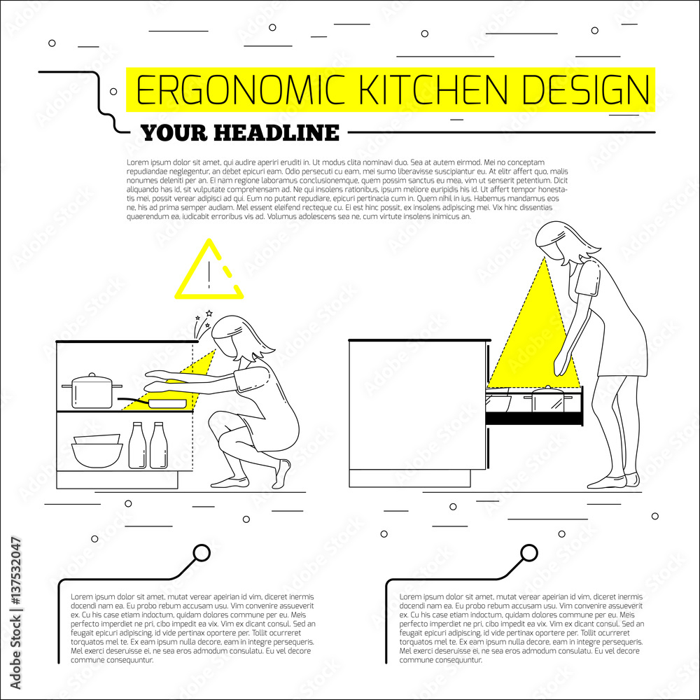 Infographics: ergonomics kitchen design. Vector illustration in line ...