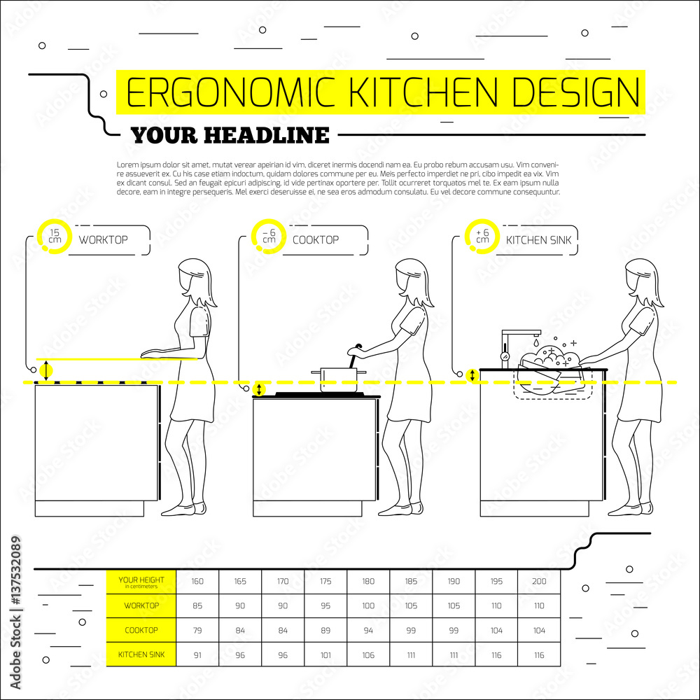 Infographics: ergonomics kitchen design. Vector illustration in line ...