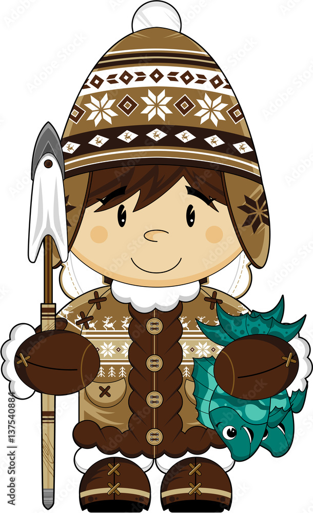 Cute Cartoon Inuit Fisherman with Fish Stock Vector | Adobe Stock