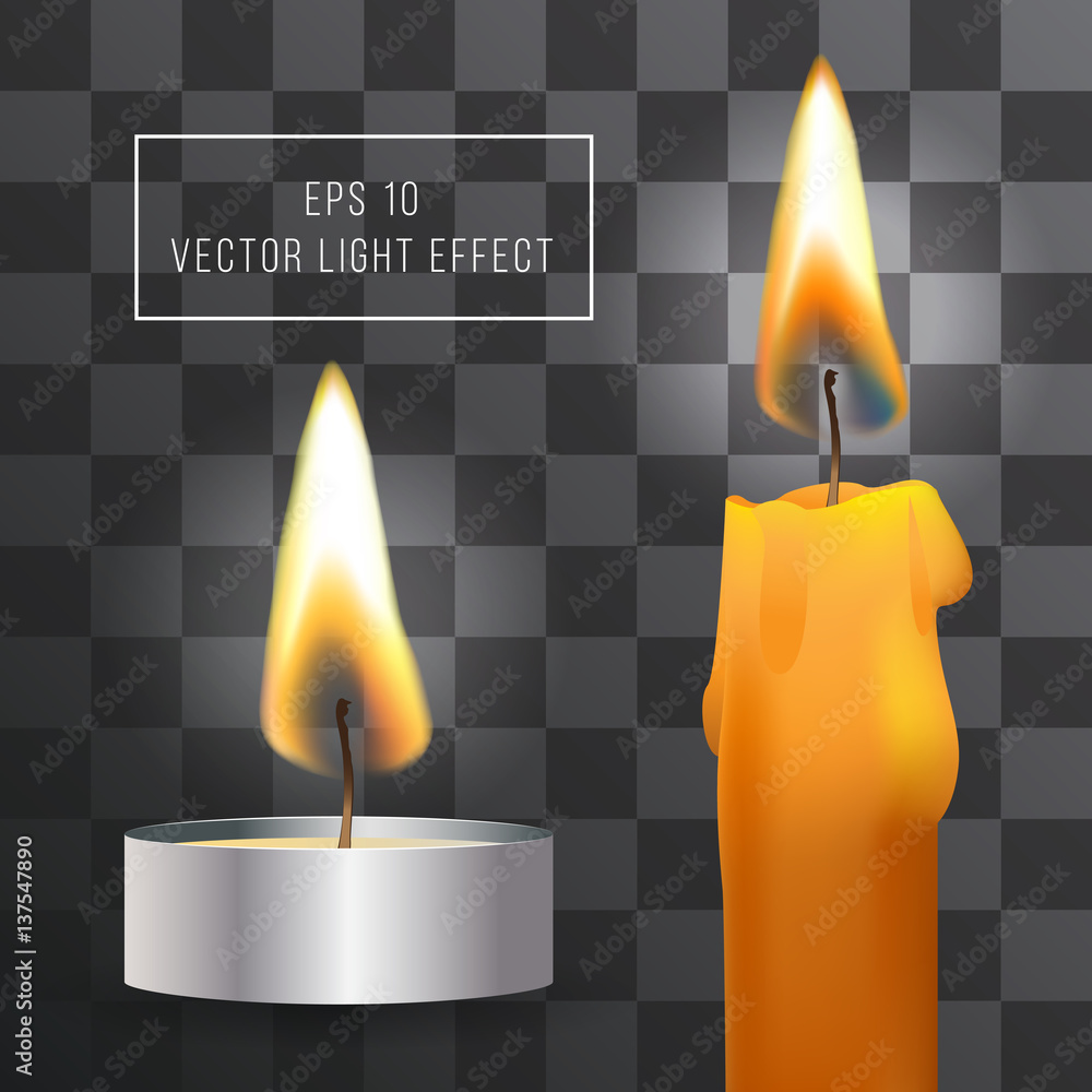 Vector realistic flame. Candle set on transparent background. Tea and ...