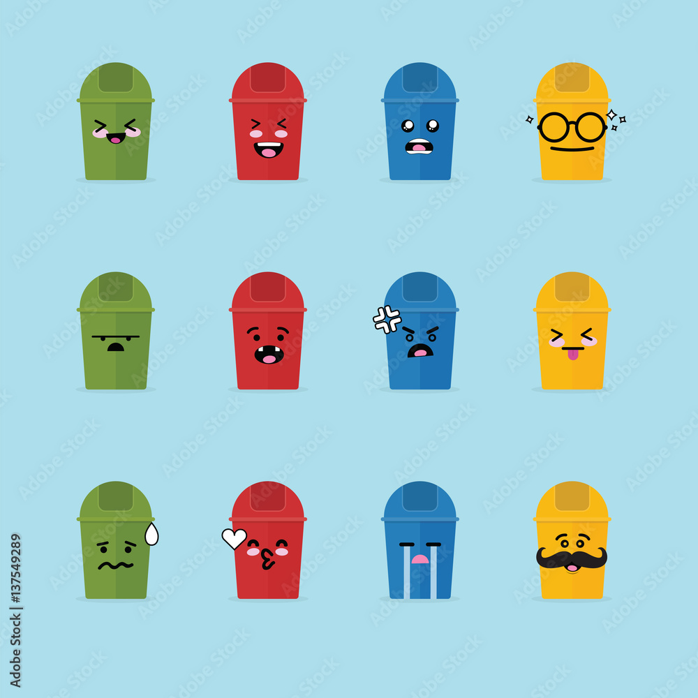 Smile emoji emoticon face in trash can with a lot of variation Stock ...