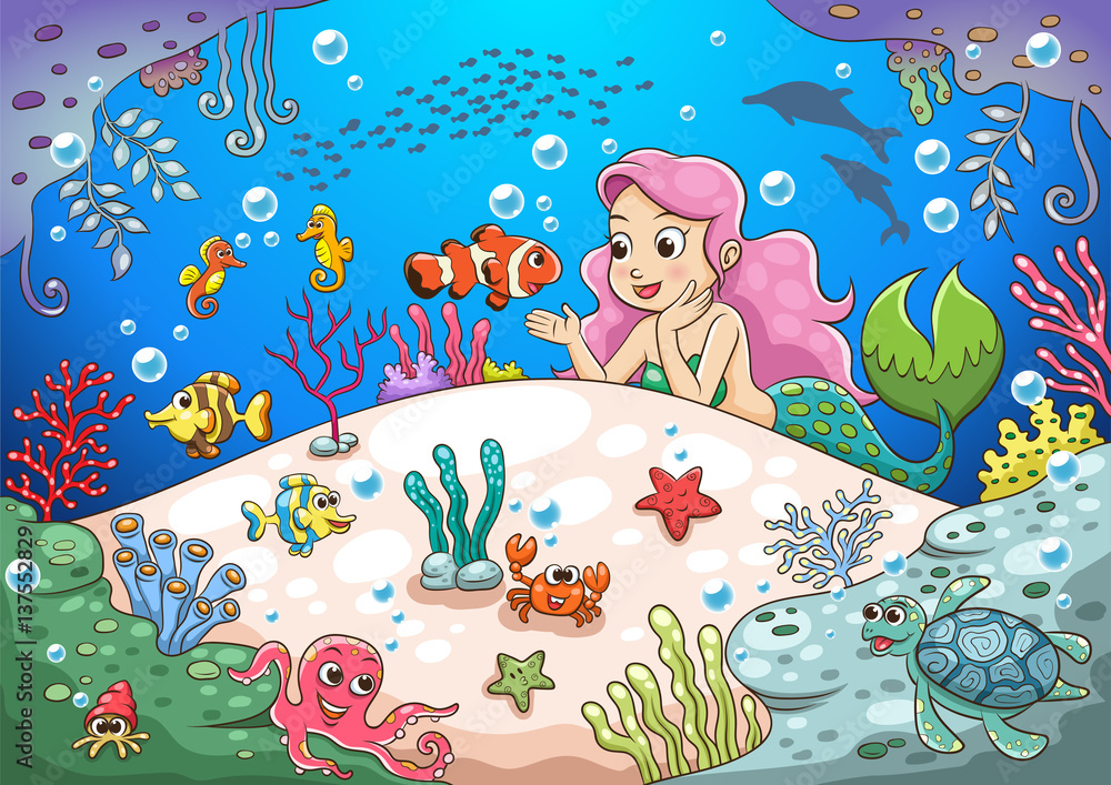 cute cartoon mermaid underwater world Stock Vector | Adobe Stock