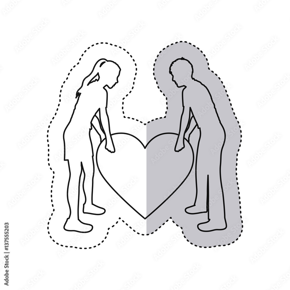 sticker monochrome contour with couple holding a big heart vector ...