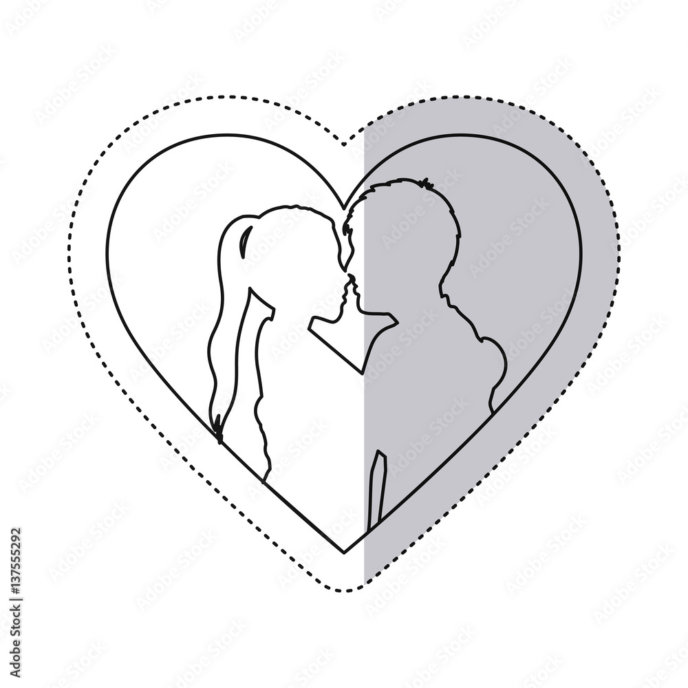 sticker monochrome contour with heart frame and half body couple hugged ...