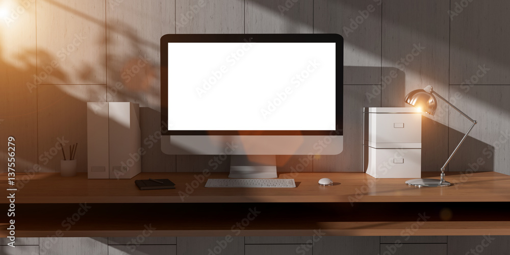 Modern dark desk office interior with computer and devices 3D rendering ...