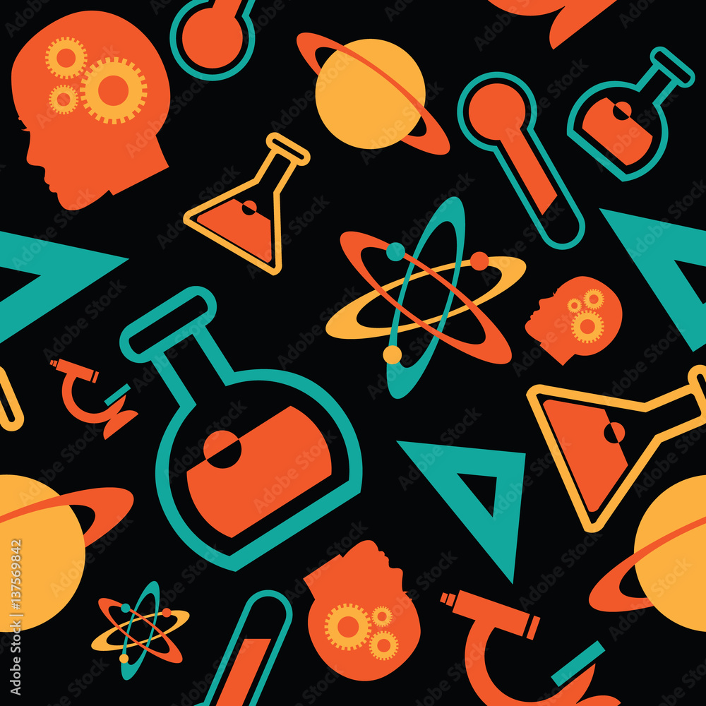 Science icons seamless pattern.Test tubes, planets, triangles and other ...