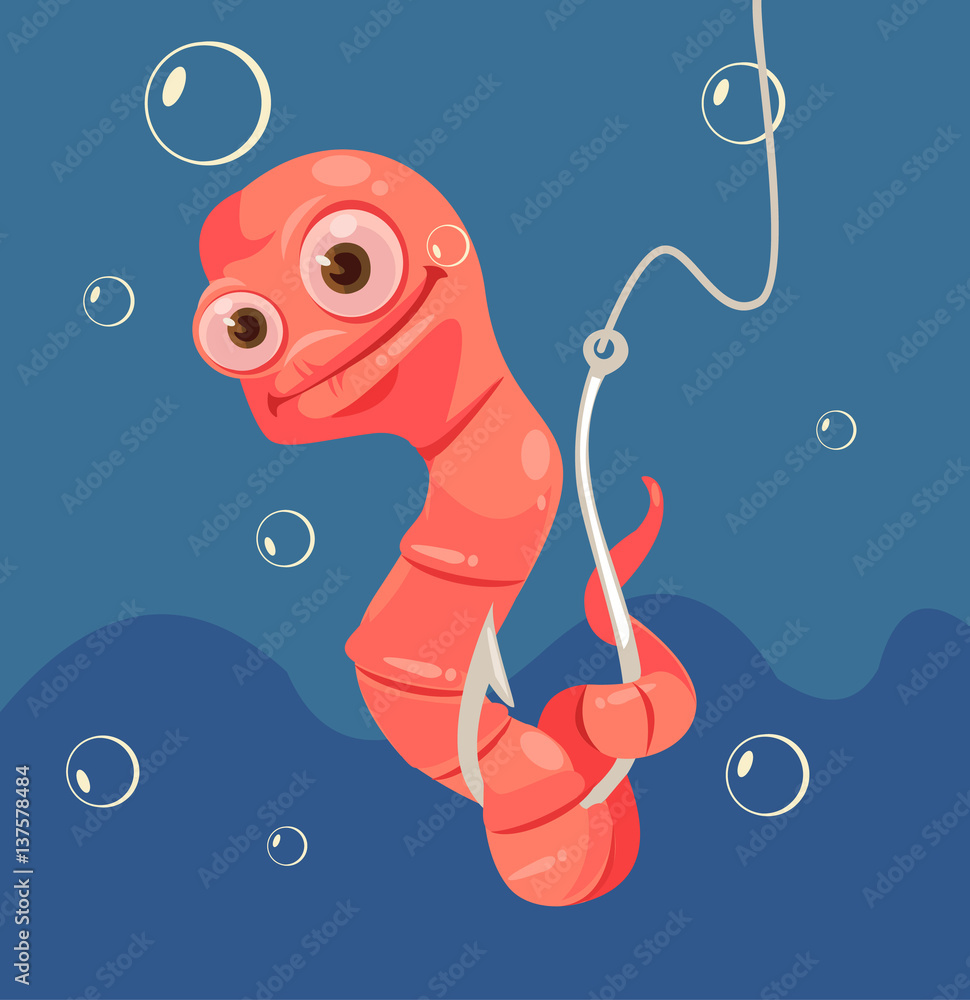 Cute worm character on hook. Vector flat cartoon illustration Stock ...