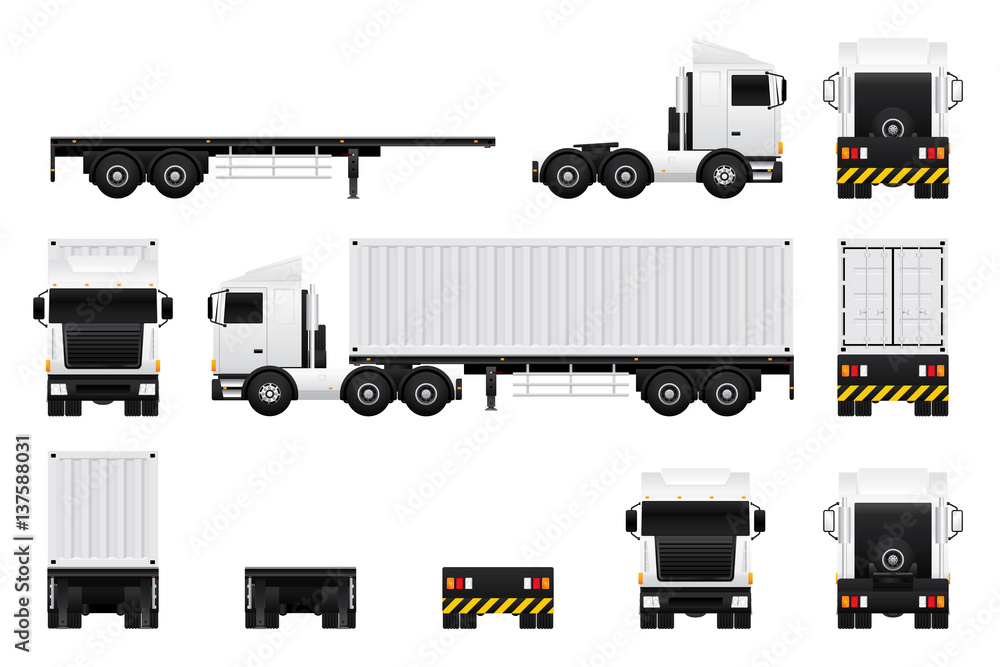 Vector of truck trailer with containers in different views isolated on ...