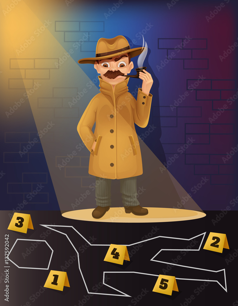 Detective character research crime scene. Vector flat cartoon ...