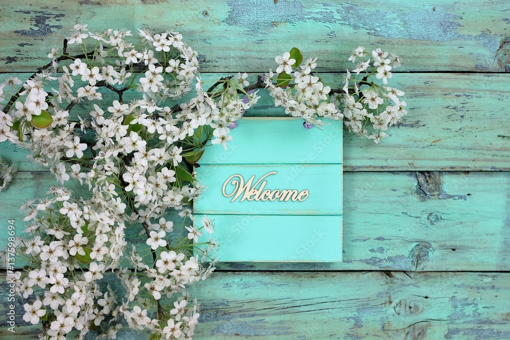 Welcome sign hanging on rustic wood background with floral border Stock ...