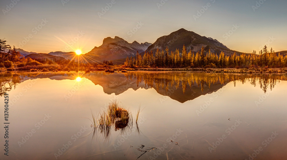 Sunrise at Vermilion lakes in Banff National Park, Alberta, Canada. Sun ...