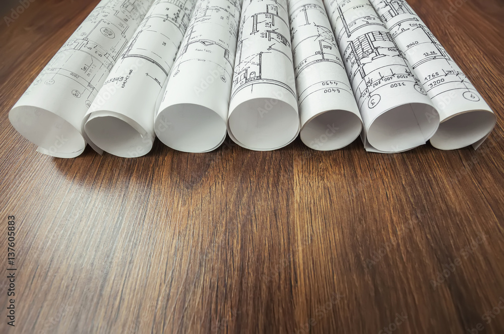 Architect workplace. Architectural project, blueprints, blueprint rolls ...