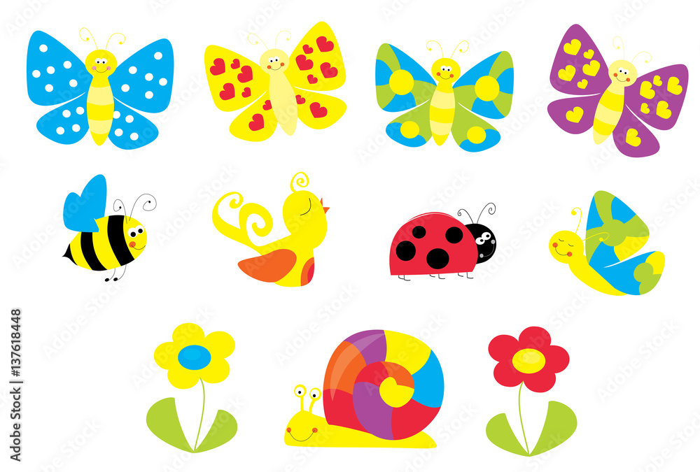 set of cute cartoon springtime nature objects : flowers, butterflies ...