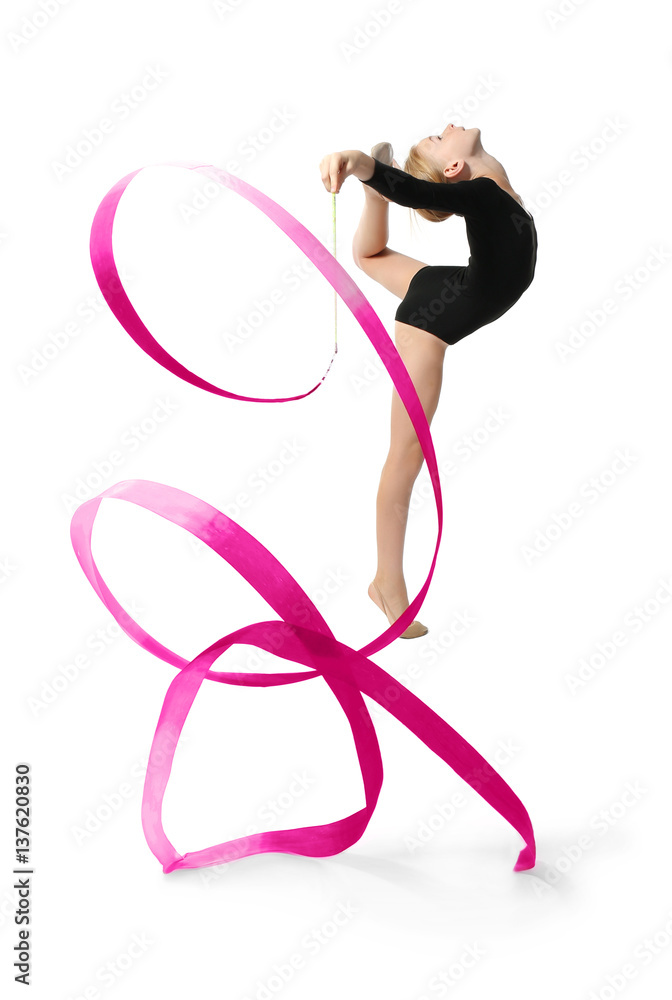 Young girl doing gymnastics with red ribbon, on white background Stock ...