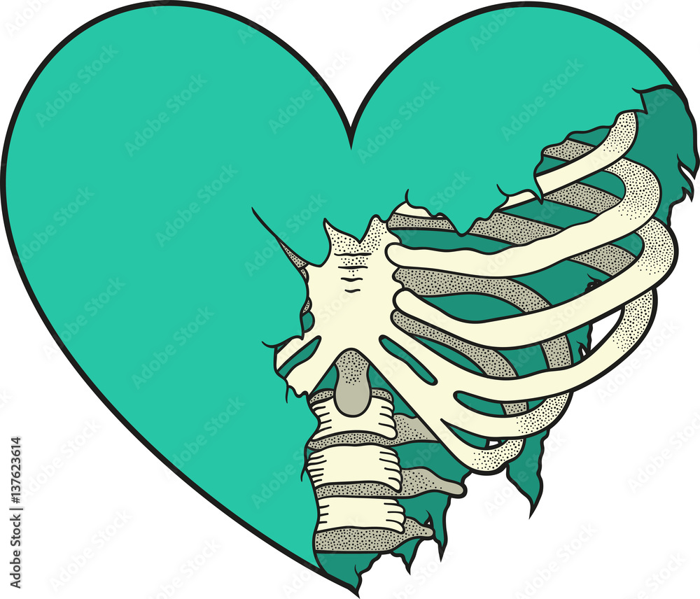 Vector illustration of a cyan ripped heart with ribs underneath Stock ...