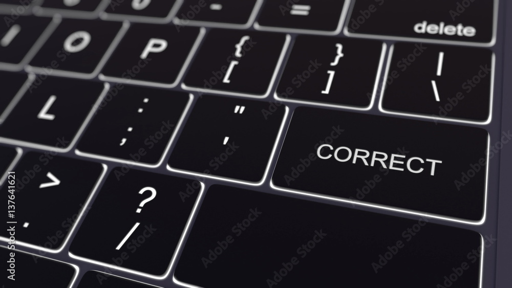 Black computer keyboard and glowing correct key. Conceptual 3D ...