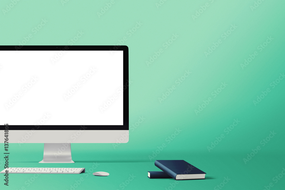 Workspace background. Hero Header. Computer screens isolated stand ...