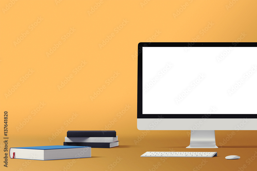 Workspace background. Hero Header. Computer screens isolated stand ...